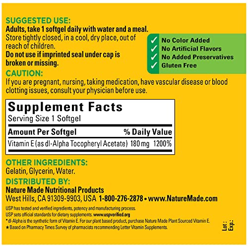 Nature Made Vitamin E 180 mg (400 IU) dl-Alpha, Dietary Supplement for Antioxidant Support, 300 Softgels, 300 Day Supply