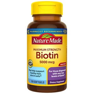 nature made maximum strength biotin 5000 mcg, dietary supplement may help support healthy hair, skin & nails, 120 softgels