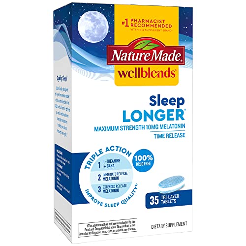 Nature Made Wellblends Sleep Longer, Melatonin 10mg, L-theanine, and GABA, Sleep Supplement, 35 Tri-Layer Tablets