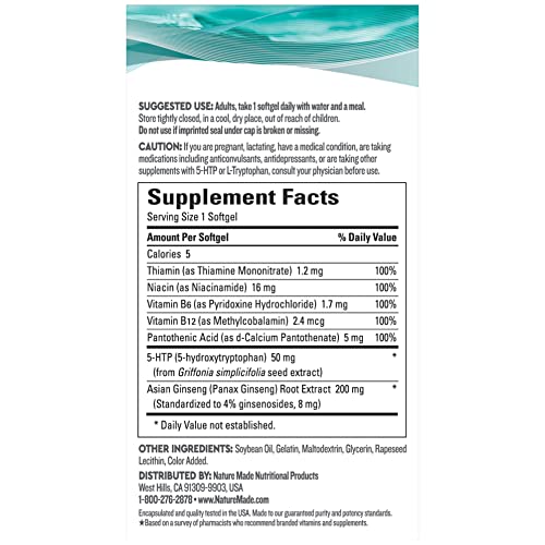 Nature Made Wellblends Positive Mood & Energy, 5HTP, Thiamin, Niacin, Vitamin B6, Vitamin B12, and Pantothenic Acid, plus Ginseng, 24 Softgels