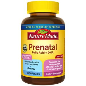 nature made prenatal with folic acid + dha, prenatal vitamin and mineral supplement for daily nutritional support, 90 softgels, 90 day supply