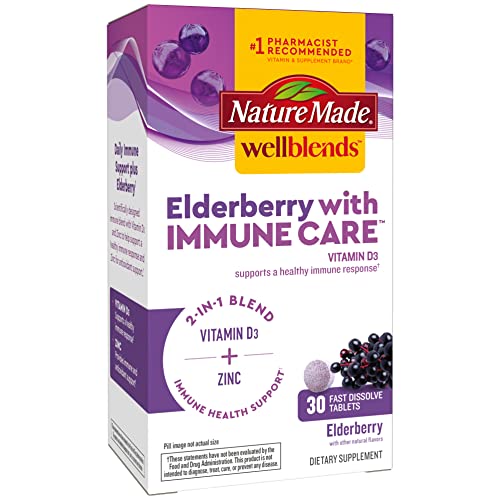 Nature Made Wellblends Elderberry with ImmuneCare, Vitamin D3 and Zinc, with Elderberry Flavor, 30 Fast Dissolve Tablets