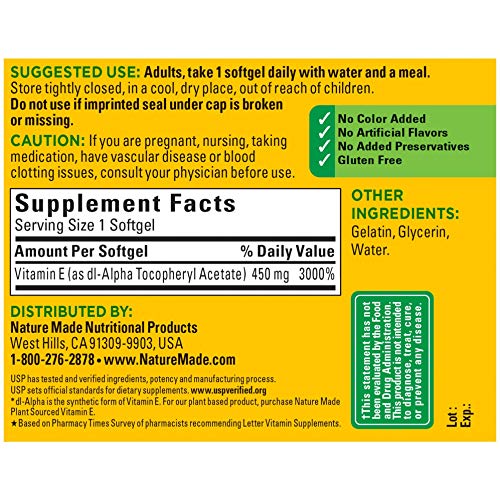 Nature Made Vitamin E 450 mg (1000 IU) dl-Alpha Softgels, 60 Count for Antioxidant Support