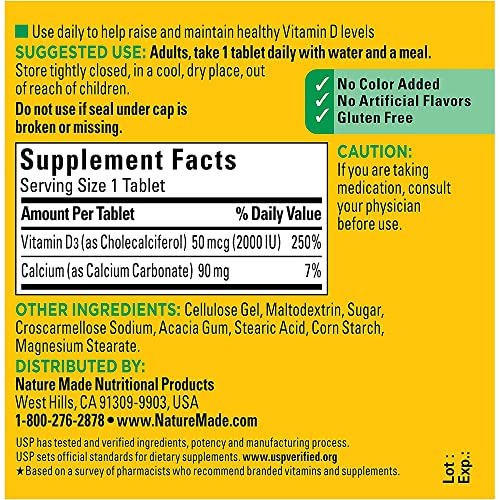 Nature Made Vitamin D3 2000 IU (50 mcg), Dietary Supplement Bone Teeth Muscle and Immune Health Support 100 Tablets ( Pack of 1)