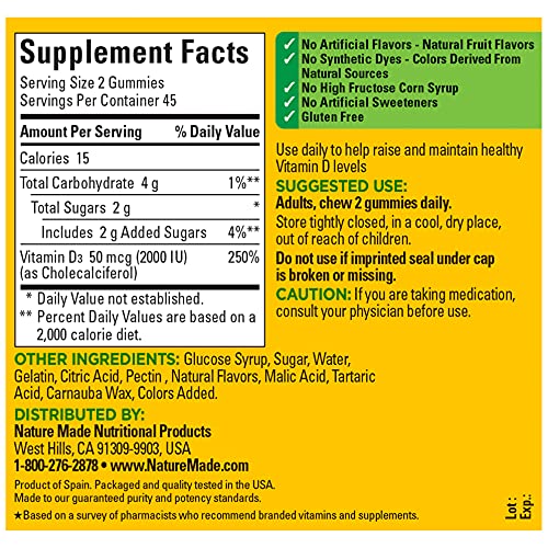 Nature Made Vitamin D3 2000 IU (50 mcg), Dietary Supplement for Immune Health Support, 90 Gummies, 45 Day Supply