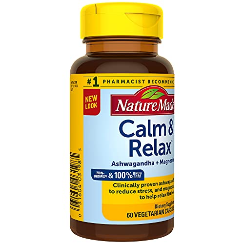 Nature Made Calm & Relax with 300mg Magnesium and 125mg Ashwagandha for Stress Relief, 60 Veggie Capsules