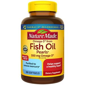 nature made omega 3 fish oil pearls 550 mg per serving, small size fish oil supplements as ethyl esters, omega 3 supplement for healthy heart support, 300 softgels, 100 day supply