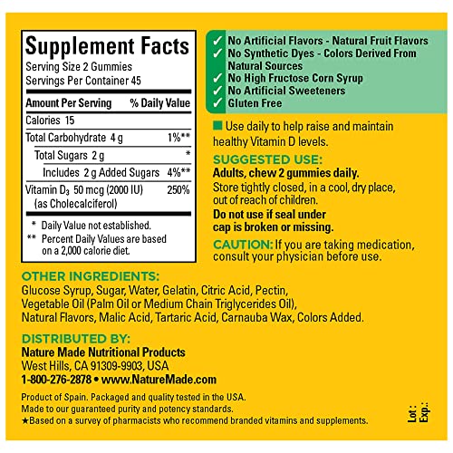 Nature Made Vitamin D3 2000 IU (50 mcg) per serving, Dietary Supplement for Bone, Teeth, Muscle and Immune Health Support, 90 Gummies, 45 Day Supply