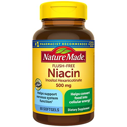 Nature Made Flush Free Niacin 500 mg, Dietary Supplement for Nervous System Support, 60 Softgels, 60 Day Supply