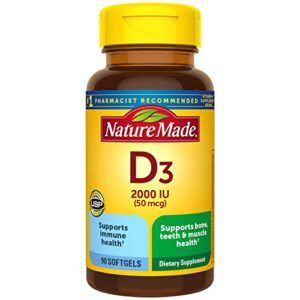 vitamin d3, 90 softgels, vitamin d 2000 iu (50 mcg) helps support immune health, strong bones and teeth, & muscle function, 250% of the daily value for vitamin d in one daily softgel