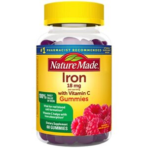 nature made iron 18 mg per serving with vitamin c, dietary supplement for red blood cell support, 60 gummies, 30 day supply