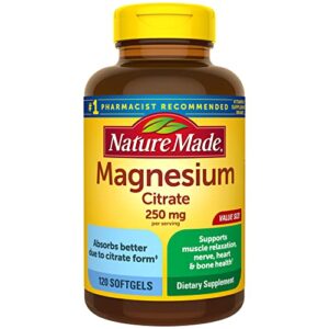 nature made magnesium citrate 250 mg per serving, dietary supplement for muscle, nerve, bone and heart support, 120 softgels, 60 day supply