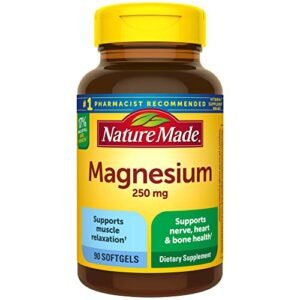 nature made magnesium 250 mg, dietary supplement for muscle, heart, bone and nerve support, 90 softgels, 90 day supply