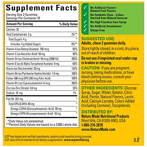 Nature Made Multivitamin + Omega-3, Dietary Supplement for Daily Nutritional Support, 140 Gummy Vitamins and Minerals, 70 Day Supply