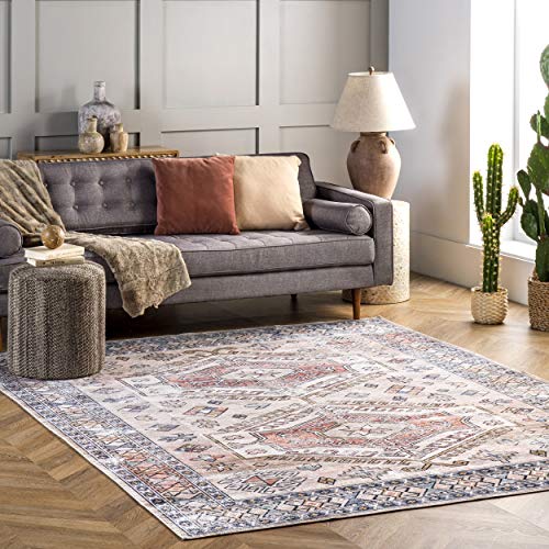 nuLOOM Mae Tribal Motif Machine Washable Area Rug, 5' x 8', Peach