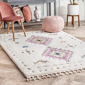 nuloom lila tribal moroccan shag area rug, 9′ x 12′, white