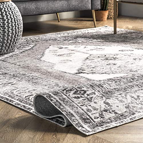 nuLOOM Gladys Machine Washable Vintage Medallion Accent Rug, 2' x 3', Light Grey