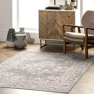 nuloom mia machine washable geometric medallion area rug, 5′ x 8′, light grey