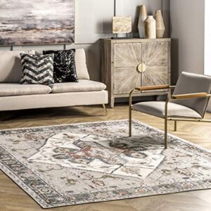 nuloom mali machine washable traditional medallion area rug, 4′ x 6′, ivory