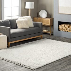 nuloom neva modern tasseled shag area rug, 5′ 3″ x 7′ 7″, ivory