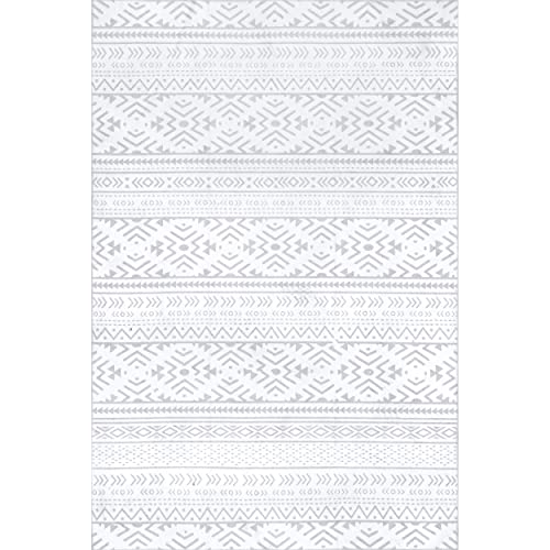 nuLOOM Calia Machine Washable Aztec Bands Area Rug, 8' x 10', Light Grey