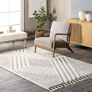 nuloom risette geometric shag tassel runner rug, 2′ 8″ x 8′, beige