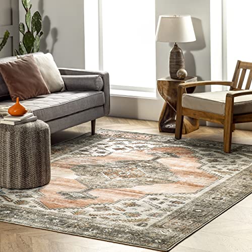 nuLOOM Gracie Distressed Medallion Machine Washable Area Rug, 5' x 8', Peach