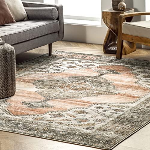 nuLOOM Gracie Distressed Medallion Machine Washable Area Rug, 5' x 8', Peach