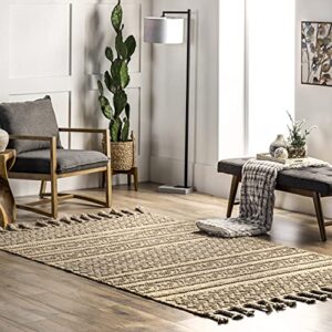 nuloom elenora wool and jute textured diamond aztec braided tassel area rug, 5′ x 8′, natural