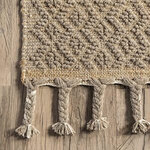 nuLOOM Elenora Wool and Jute Textured Diamond Aztec Braided Tassel Area Rug, 5' x 8', Natural