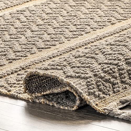 nuLOOM Elenora Wool and Jute Textured Diamond Aztec Braided Tassel Area Rug, 5' x 8', Natural