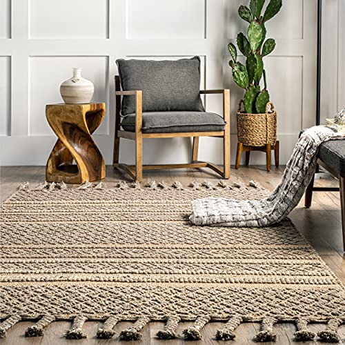 nuLOOM Elenora Wool and Jute Textured Diamond Aztec Braided Tassel Area Rug, 5' x 8', Natural