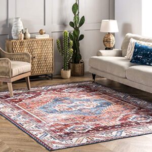 nuloom marli machine washable faded medallion area rug, 4′ x 6′, rust