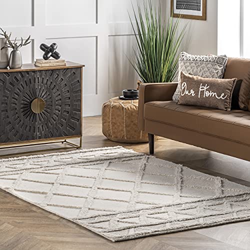 nuLOOM Kenna Wool Shaggy High-Low Geometric Trellis Area Rug, 9' x 12', Ivory