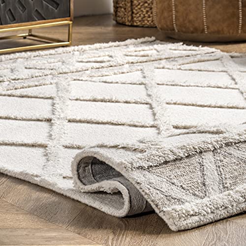 nuLOOM Kenna Wool Shaggy High-Low Geometric Trellis Area Rug, 9' x 12', Ivory