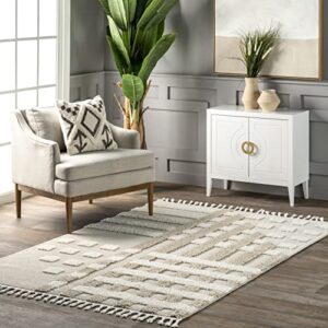 nuloom cordelia fragmented stripes tasseled area rug, 5′ x 7′ 6″, ivory