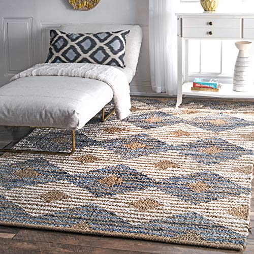 nuLOOM Hand Braided Marla Denim and Jute Diamonds Area Rug, 12' x 15', Off-White