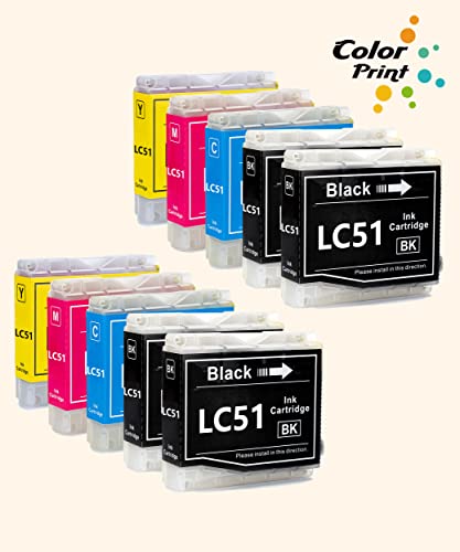 (10-Pack, 4BK,2C,2M,2Y) ColorPrint Compatible LC51 Ink Cartridge Replacement for Brother LC 51 LC-51 fit for DCP-130C DCP-330C DCP-350C MFC-240C MFC-440CN 5460CN 845CW 5860CN 665CW FAX-2480C Printer