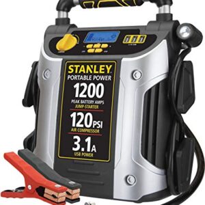 STANLEY J5C09D Digital Portable Power Station Jump Starter: 1200 Peak/600 Instant Amps, 120 PSI Air Compressor, 3.1A USB Ports, Battery Clamps