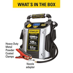 STANLEY J5C09D Digital Portable Power Station Jump Starter: 1200 Peak/600 Instant Amps, 120 PSI Air Compressor, 3.1A USB Ports, Battery Clamps