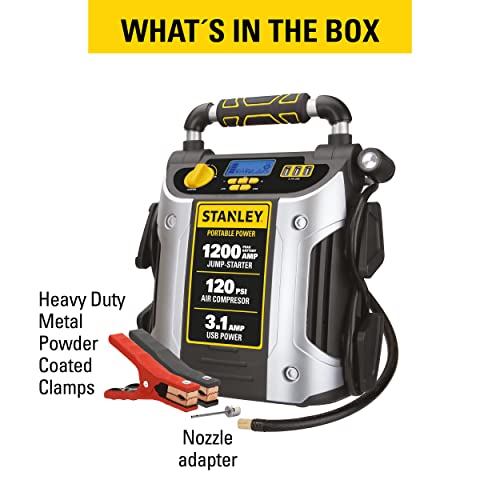 STANLEY J5C09D Digital Portable Power Station Jump Starter: 1200 Peak/600 Instant Amps, 120 PSI Air Compressor, 3.1A USB Ports, Battery Clamps