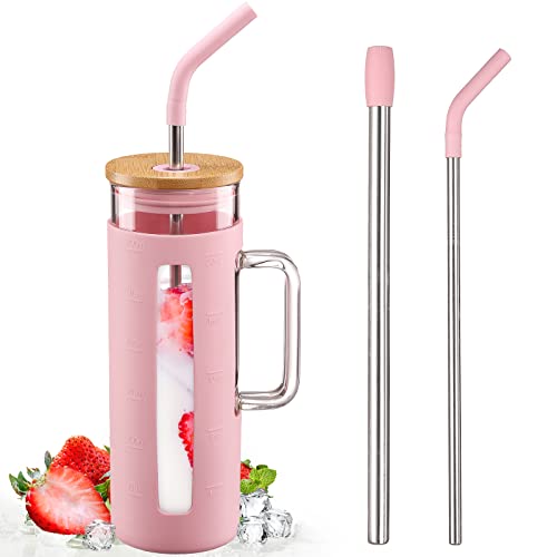 Kodrine Tumbler with Lid and Straw, 20 oz Glass Coffee Tumbler with Handle, Smoothie Cup with Bamboo Lid | Time Marker | Silicone Protective Sleeve, BPA Free -Pink