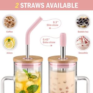 Kodrine Tumbler with Lid and Straw, 20 oz Glass Coffee Tumbler with Handle, Smoothie Cup with Bamboo Lid | Time Marker | Silicone Protective Sleeve, BPA Free -Pink