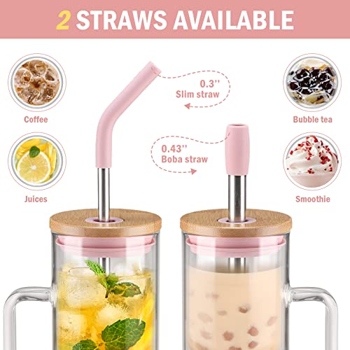 Kodrine Tumbler with Lid and Straw, 20 oz Glass Coffee Tumbler with Handle, Smoothie Cup with Bamboo Lid | Time Marker | Silicone Protective Sleeve, BPA Free -Pink