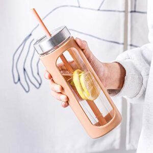 Kodrine 24 oz Glass Water Tumbler with Straw and Lid, Wide Mouth Water Bottle, Straw Silicone Protective Sleeve BPA FREE-Amber