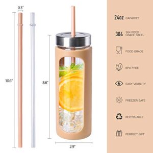 Kodrine 24 oz Glass Water Tumbler with Straw and Lid, Wide Mouth Water Bottle, Straw Silicone Protective Sleeve BPA FREE-Amber