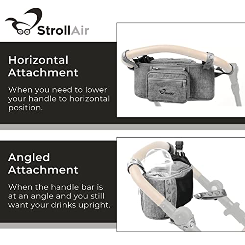 StrollAir - Universal Organizer for Single Strollers – Insulated Cup Holder Console Parent Drink Caddy- Compatible with CosmoS, SOLO, Uppa Baby,Nuna, Baby Jogger, Bumbleride – Grey