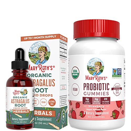 USDA Organic Astragalus Root Liquid Drops & USDA Organic Probiotic Gummies Bundle by MaryRuth's | Immune, Focus, and Cardiovascular Support | Digestive Support | Gut Health Supplement