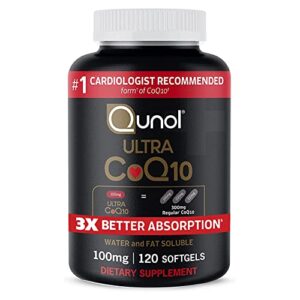 coq10 100mg softgels – qunol ultra 3x better absorption coenzyme q10 supplements – antioxidant supplement for vascular and heart health & energy production – 4 month supply – 120 count