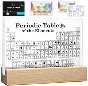 megabox periodic table of elements with 83 real elements, acrylic periodic table display with wooden stand, 6x chemistry formula reference cards, science teacher gift classroom decoration